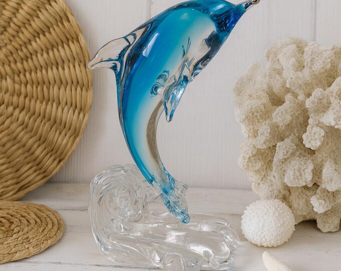 Handblown Blue Glass Dolphin Sculpture : Vintage Murano-style ...