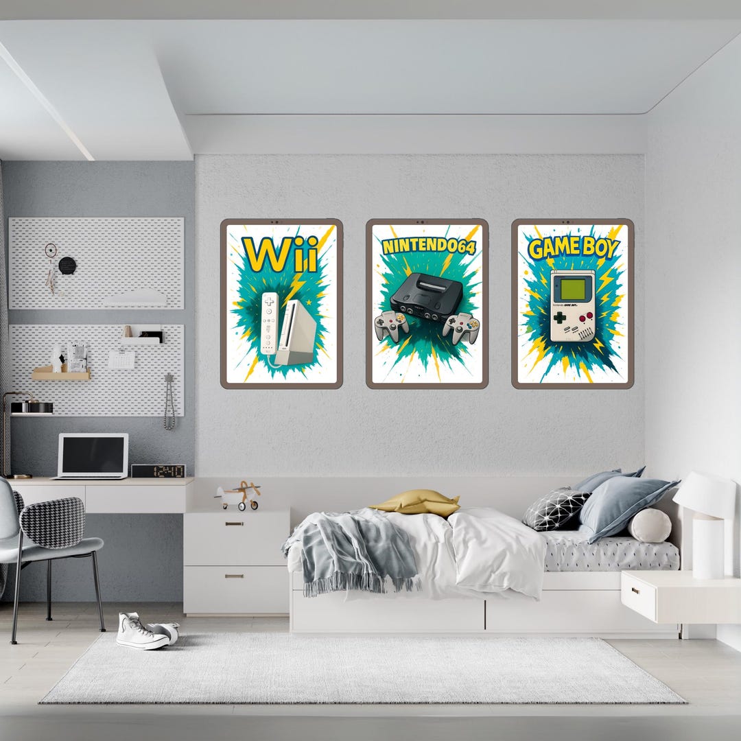 Retro Nintendo Gaming Wall Art Set, Gameboy, Wii, and Nintendo 64 ...