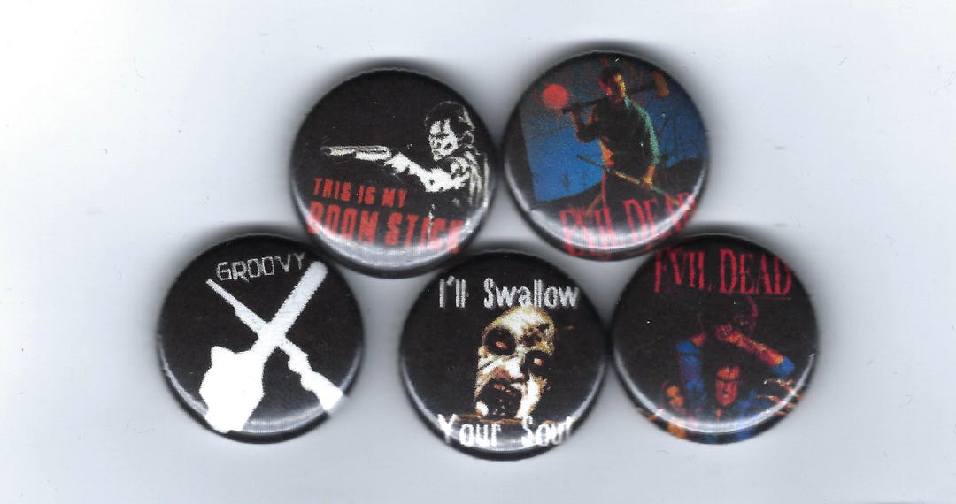 The EVIL DEAD 2 Set of 5 Pins Buttons Badges Horror Cult Film Bruce ...