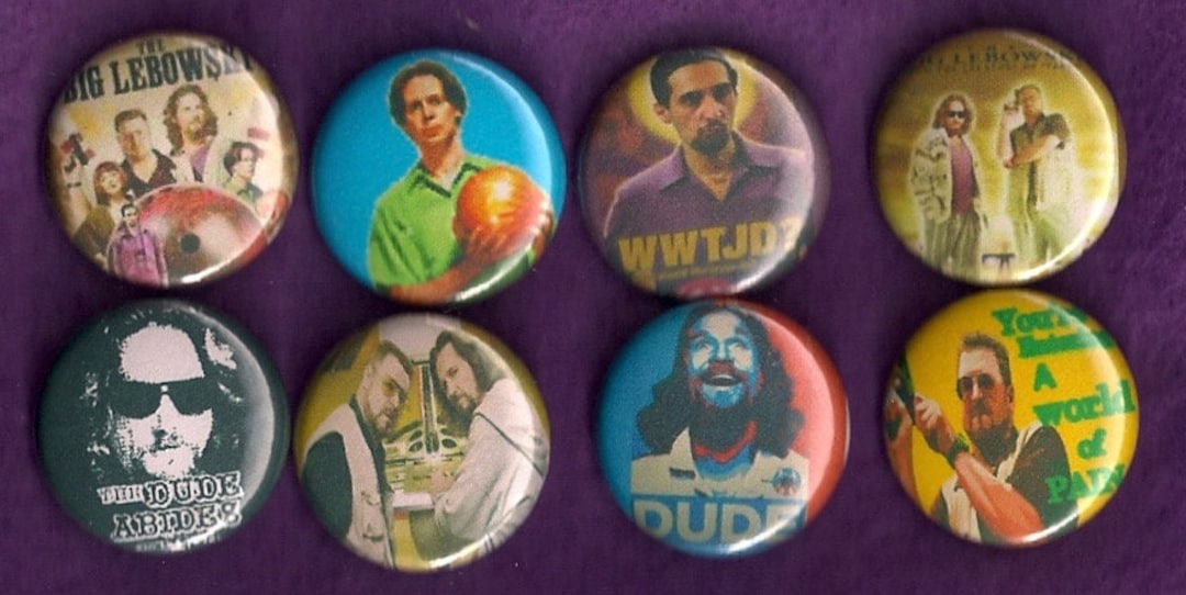BIG LEBOWSKI 1" Pins Buttons Badges Set of 8 Cult Film the DUDE Coen ...