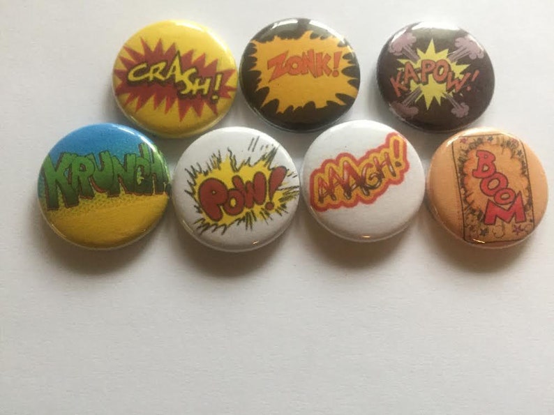 COMIC BOOK Pop Art Set of Pins Buttons Badges Sound Effects Cartoon Art ...