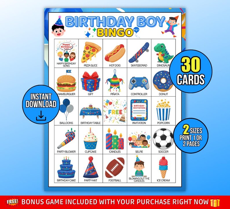 Fun Printable Birthday Boy Bingo Game, 30 Different Cards for Kids ...