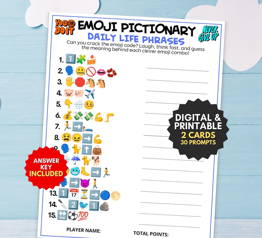 Daily Life Phrases Emoji Pictionary Printable Game, 30 Common Saying ...