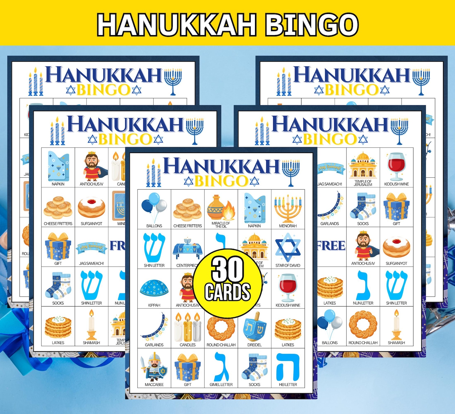 30 Hanukkah Bingo Printable Game, Chanukah Activity for Kids & Family ...