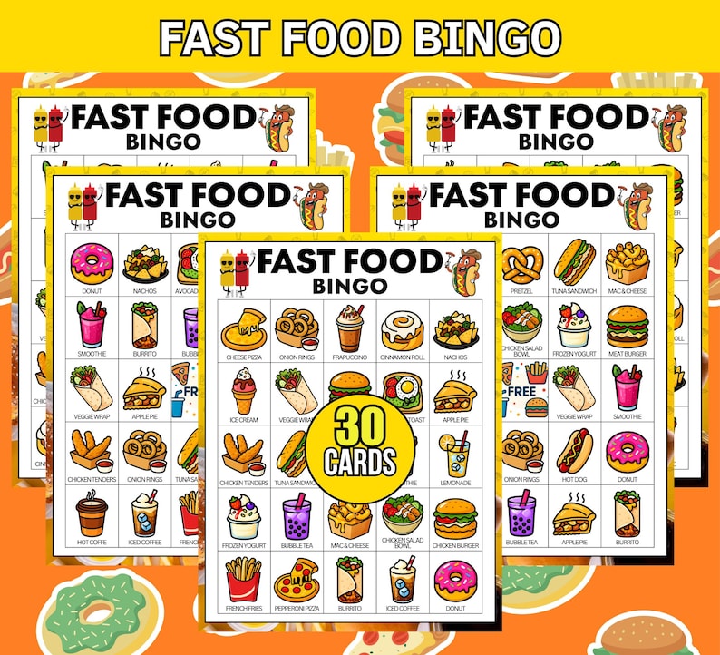 30 Fast Food Bingo Cards Printable, Fun Pizza Party Game for Kids ...