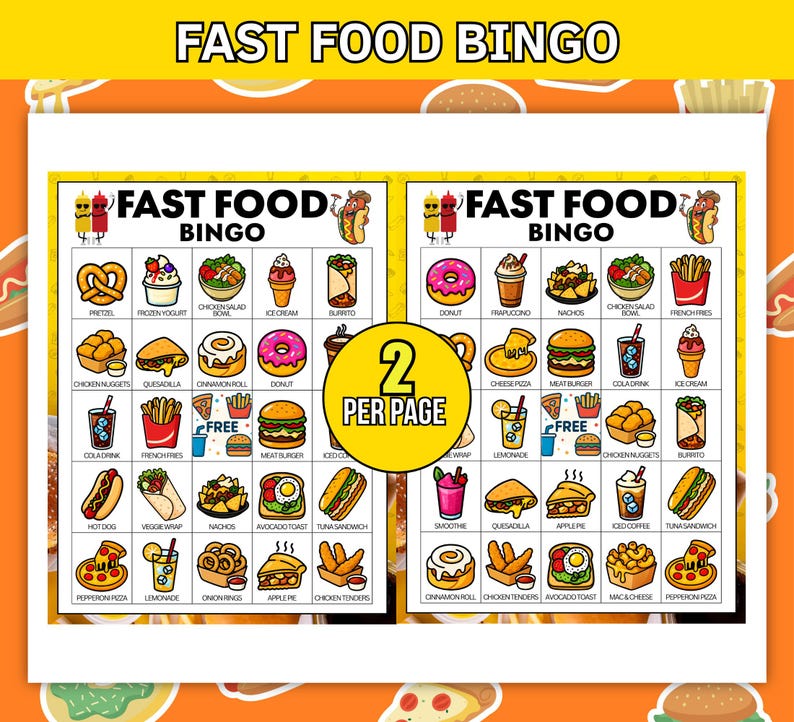 30 Fast Food Bingo Cards Printable, Fun Pizza Party Game for Kids ...