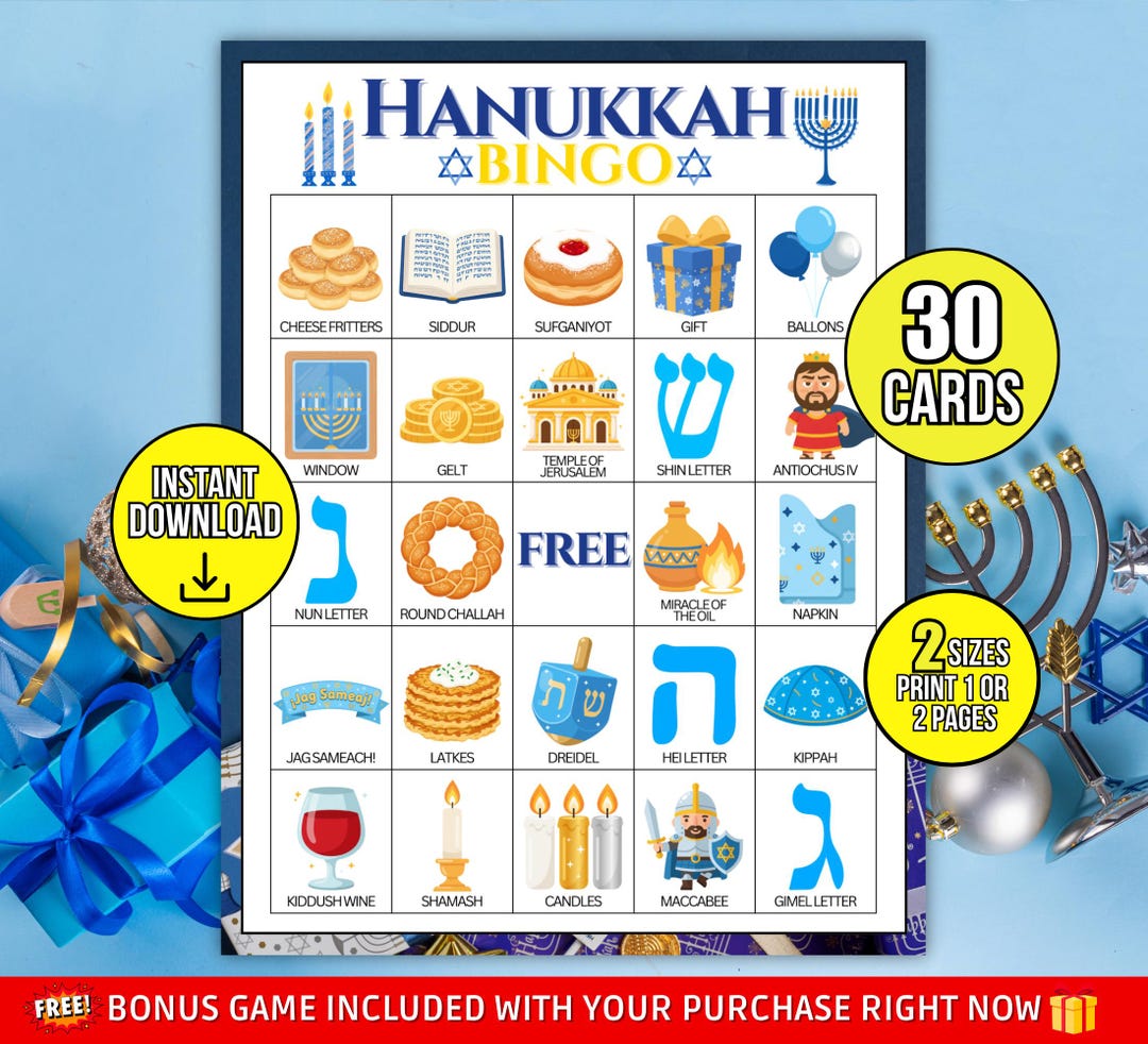 30 Hanukkah Bingo Printable Game, Chanukah Activity for Kids & Family ...