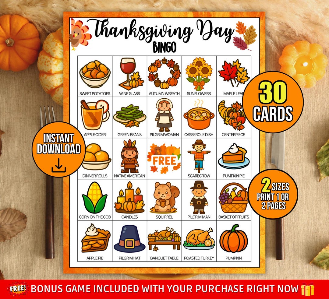 30 Thanksgiving Bingo Cards Printable, Fun Fall Classroom Party Game ...