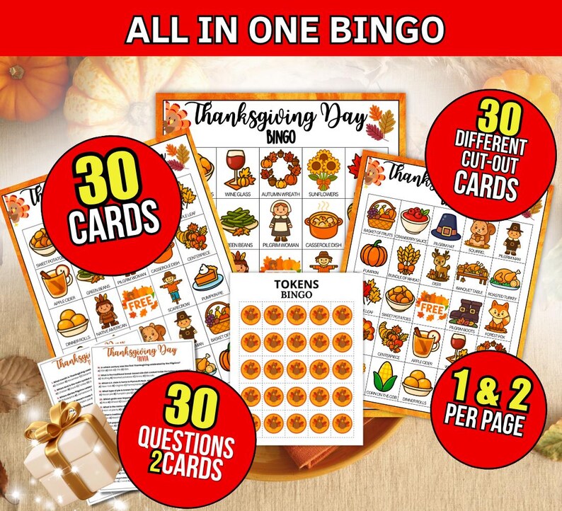 Thanksgiving Bingo Printable Game, 30 Thanksgiving Bingo Cards PDF, Fun ...