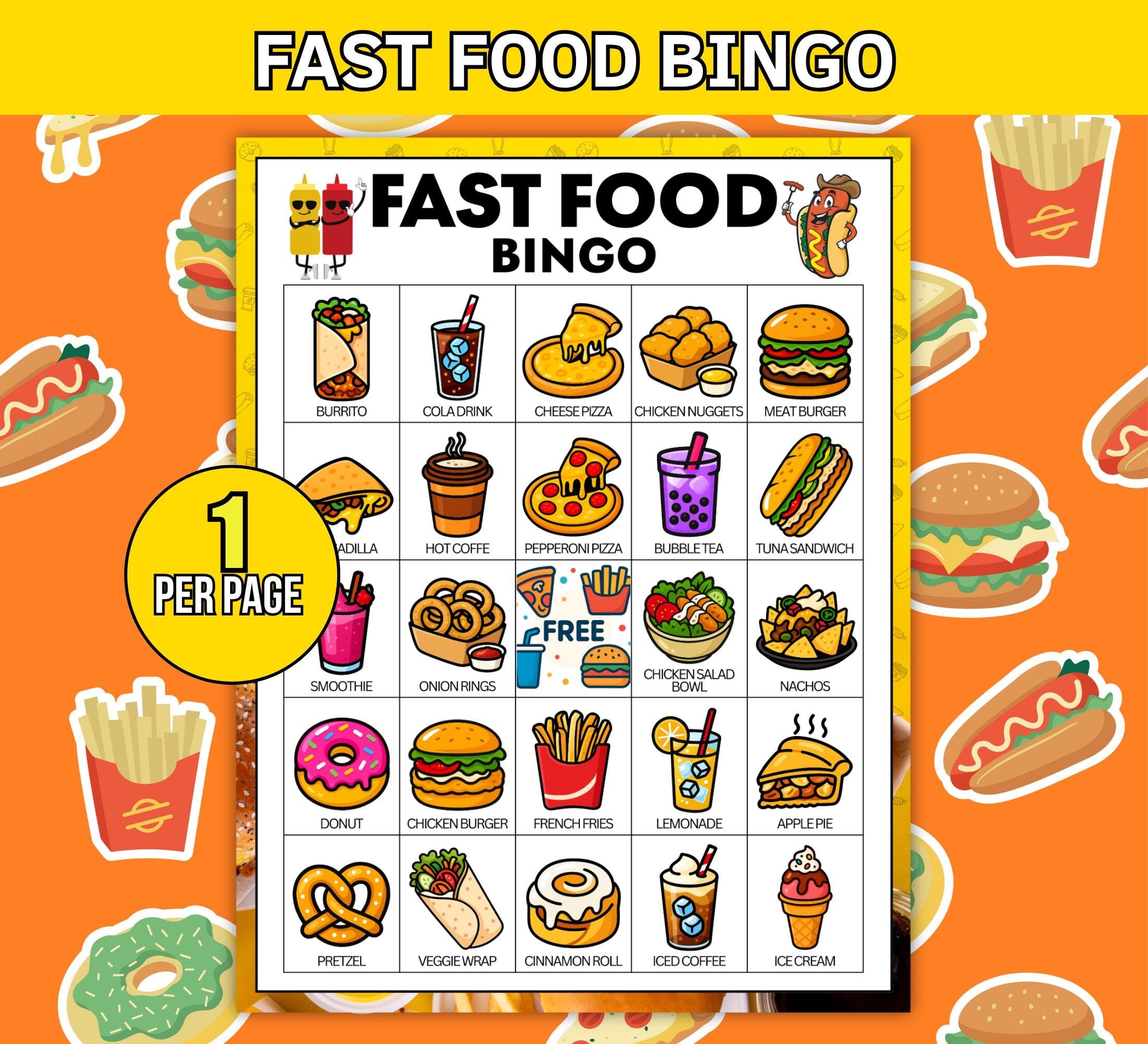 30 Fast Food Bingo Cards Printable, Fun Pizza Party Game for Kids ...