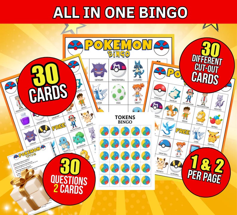 30 Pokemon Bingo Cards, Printable Kids Party Game, Birthday Party Favor ...