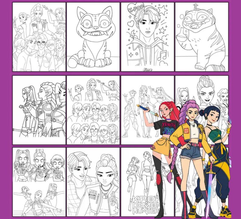 Kpop Demon Hunters Coloring Book, 130+ Coloring Pages, Huntrix Fan Art ...