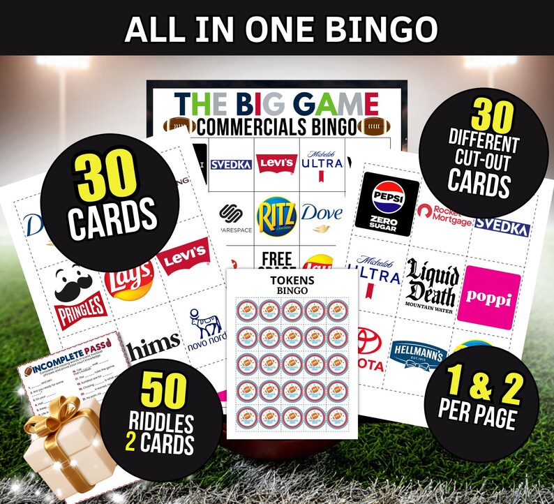 The Big Game 2026 Commercial Ads Bingo, 30 Football Party Cards, Bowl ...