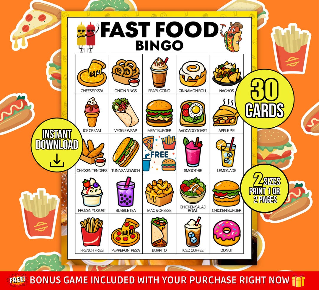 30 Fast Food Bingo Cards Printable, Fun Pizza Party Game for Kids ...
