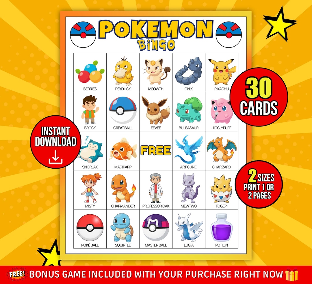 Pokémon Bingo 30 Unique Cards Printable Pokémon Party Game Kids ...