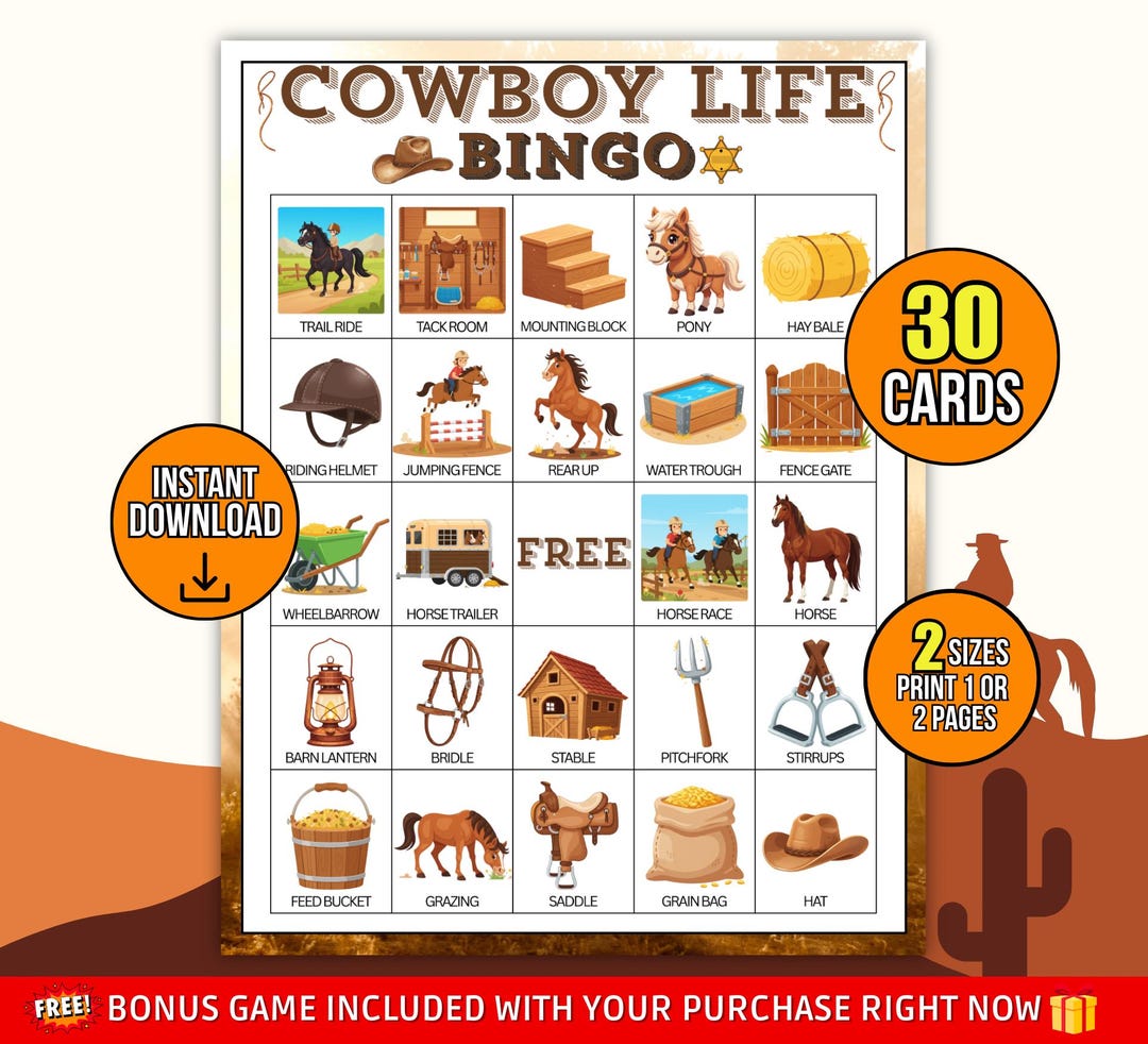 Cowboy Bingo Game, 30 Printable Western Bingo Cards, Cowboy Party ...