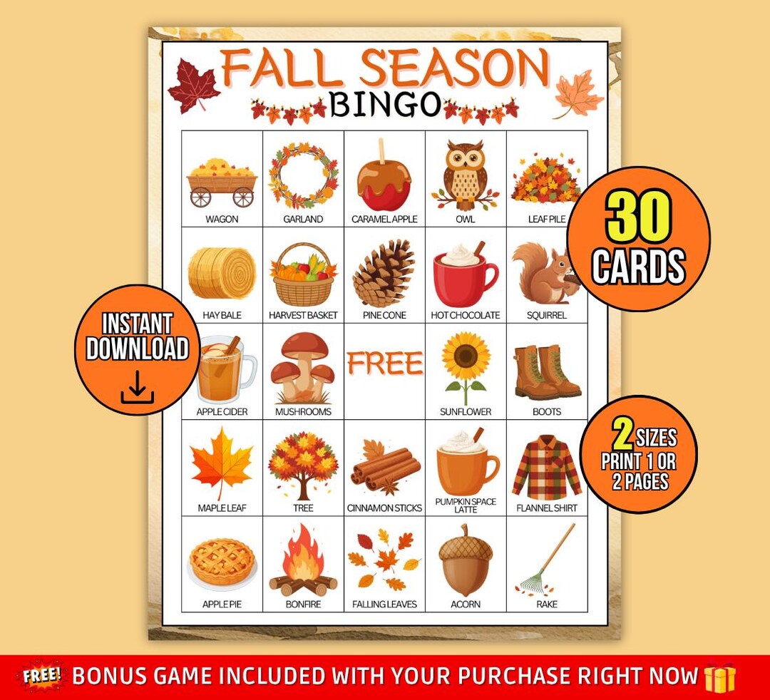 30 Fall Bingo Printable Cards, Autumn Classroom Party Game for Kids ...