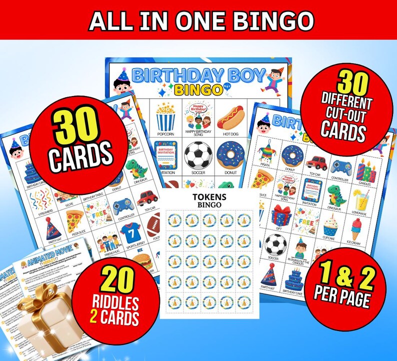 Fun Printable Birthday Boy Bingo Game, 30 Different Cards for Kids ...