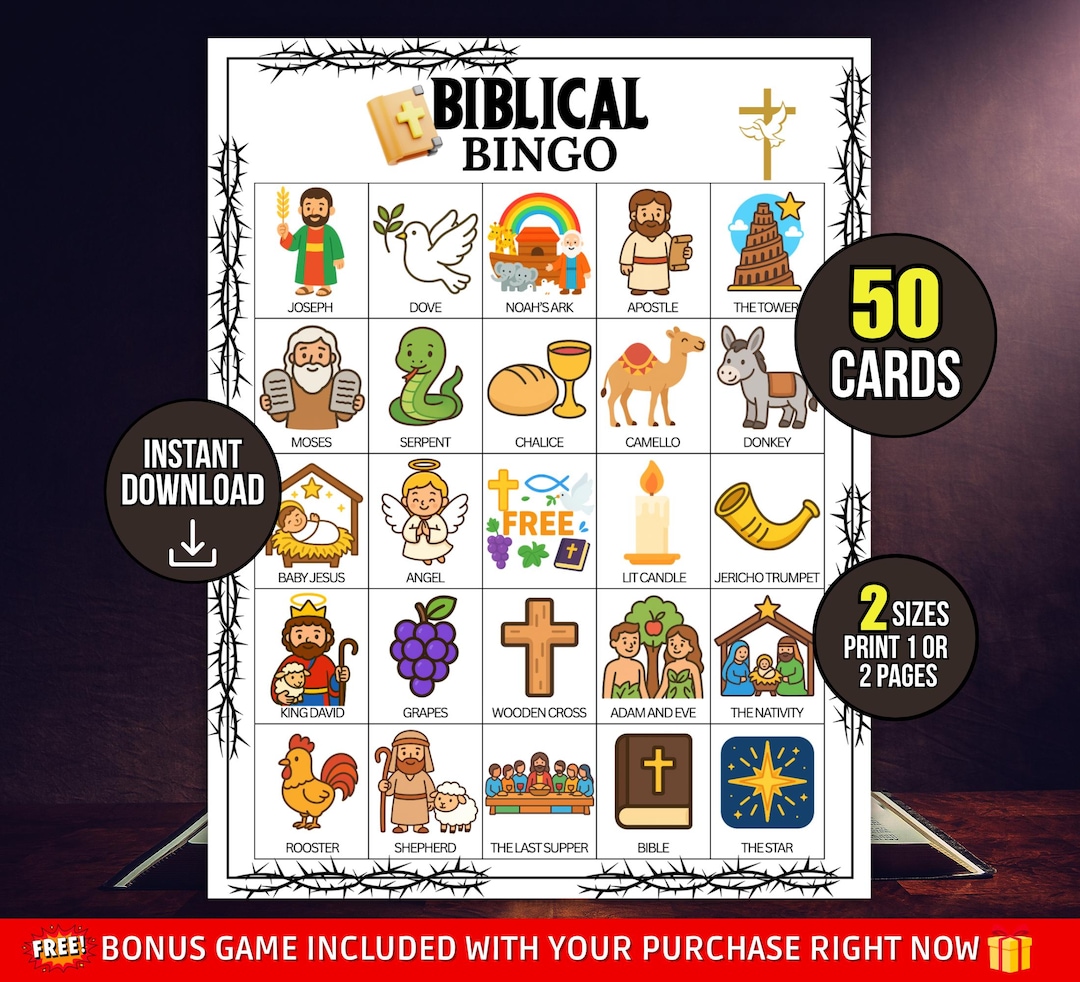Bible Bingo Printable Game 50, Biblical Bingo Cards Instant Download ...