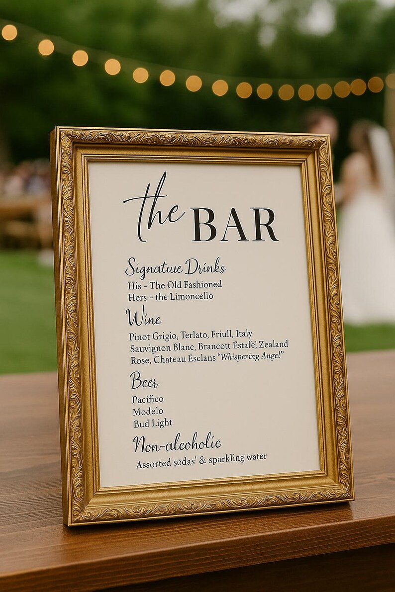 Elegant Bar Menu Sign, Wedding and Bridal Shower Bar Menu Template ...
