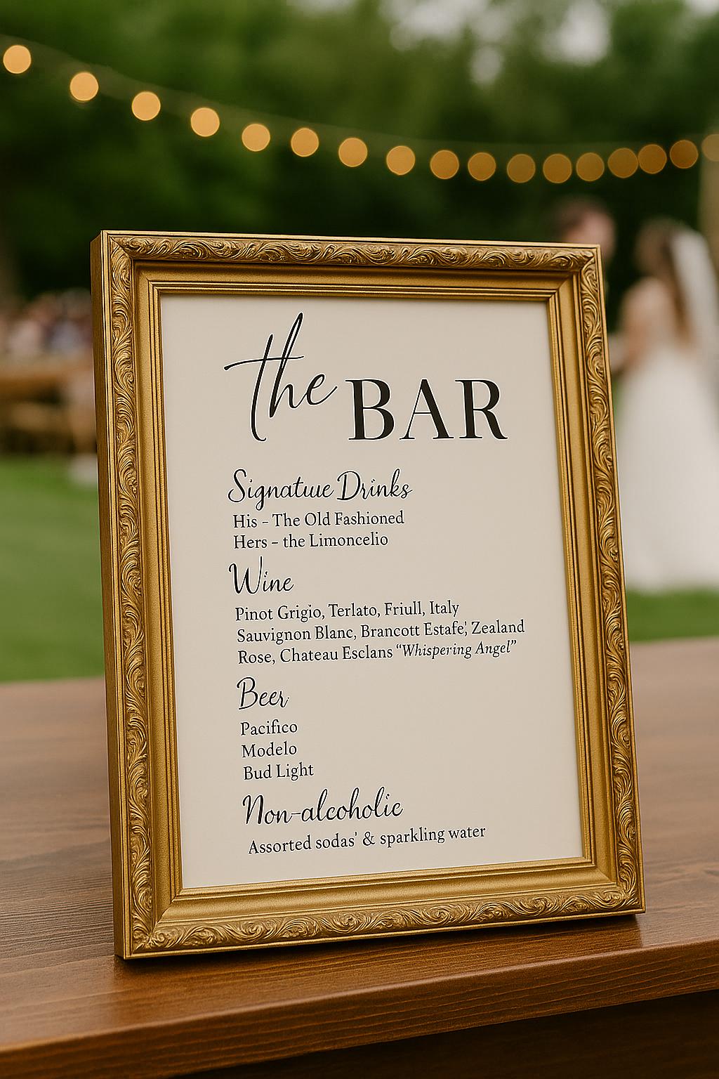 Elegant Bar Menu Sign, Wedding and Bridal Shower Bar Menu Template ...