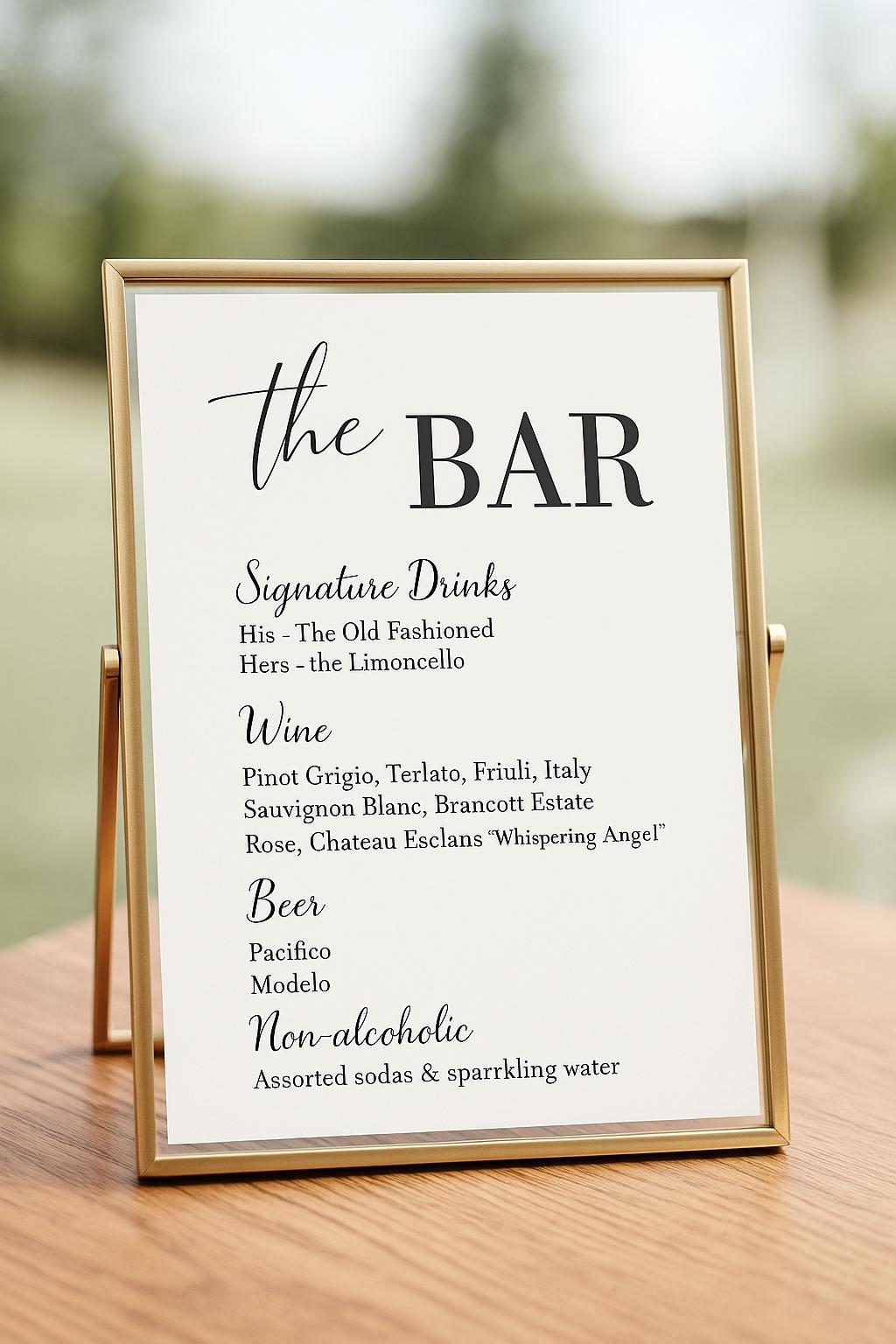 Elegant Bar Menu Sign, Wedding and Bridal Shower Bar Menu Template ...