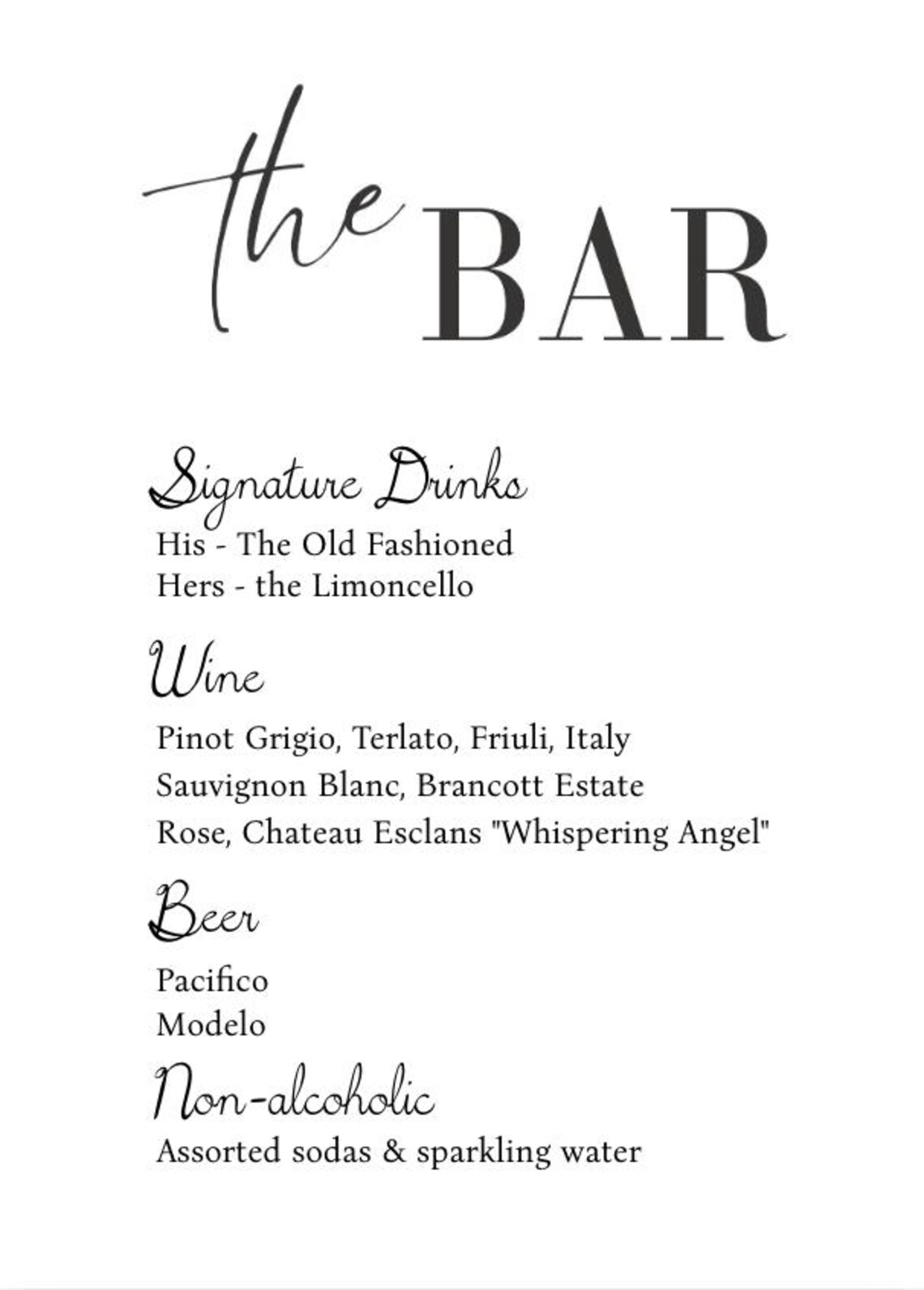 Elegant Bar Menu Sign, Wedding and Bridal Shower Bar Menu Template ...