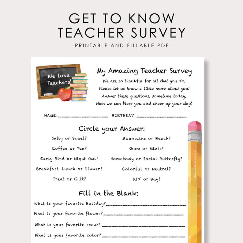 INSTANT Download-teacher Survey: Get to Know Your Teacher Printable PDF ...