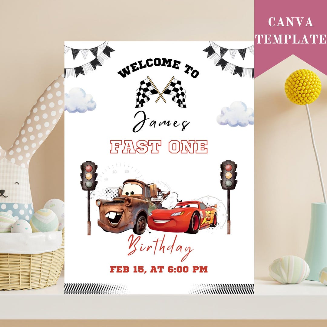 Editable Lightning Mcqueen Cars Theme Birthday Welcome Signage Party ...