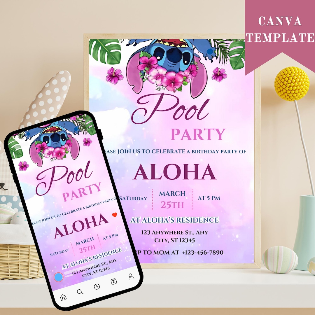 Editable Stitch Pool Party Birthday Invitation, Lilo & Stitch Canva ...