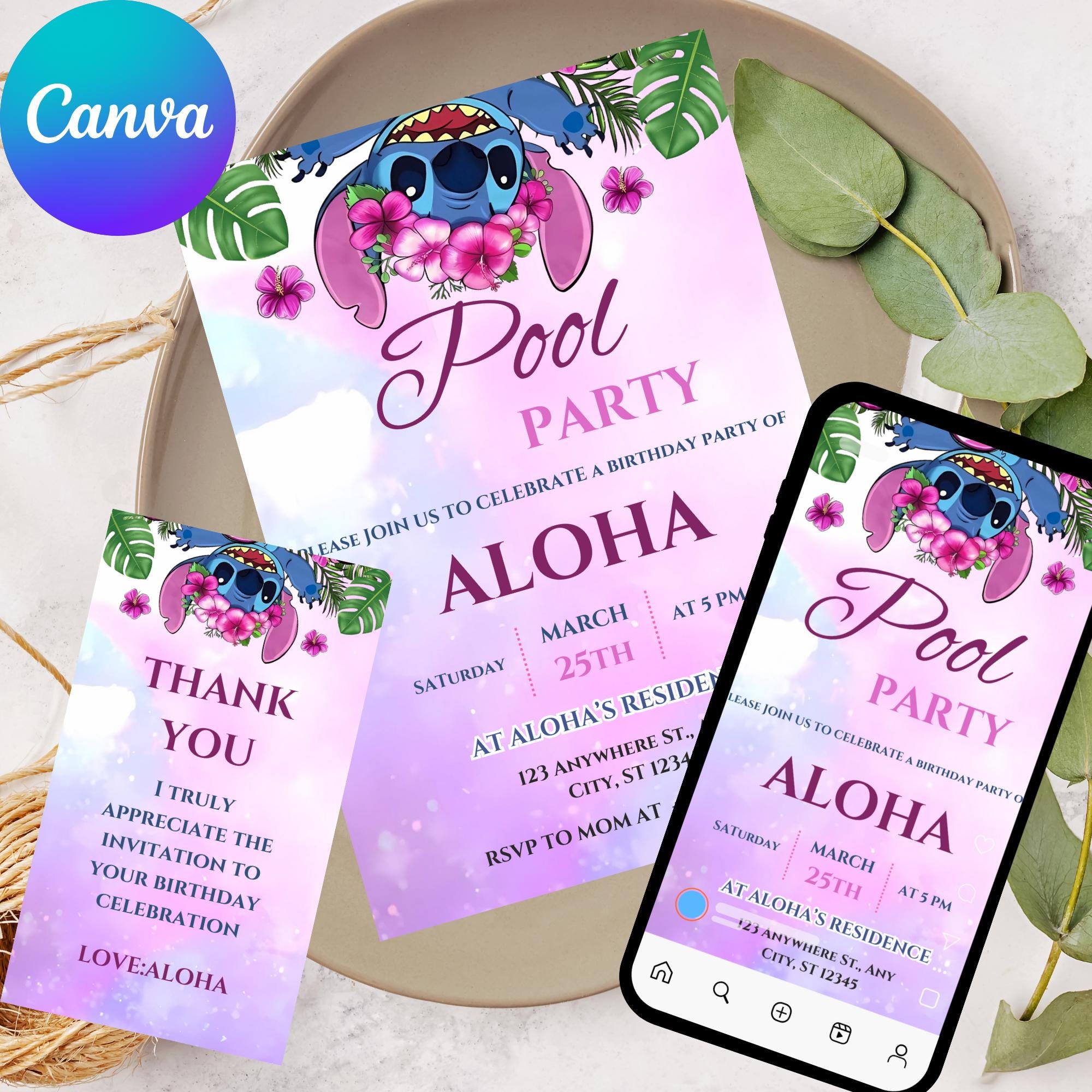 Editable Stitch Pool Party Birthday Invitation, Lilo & Stitch Canva ...