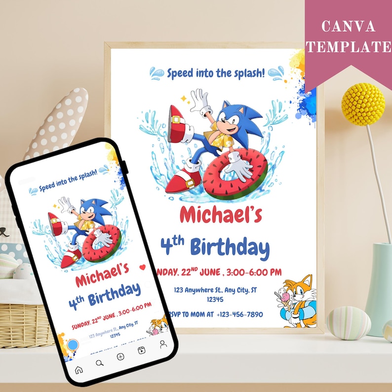 Sonic the Hedgehog Pool Party Invitation, Editable Sonic Birthday ...