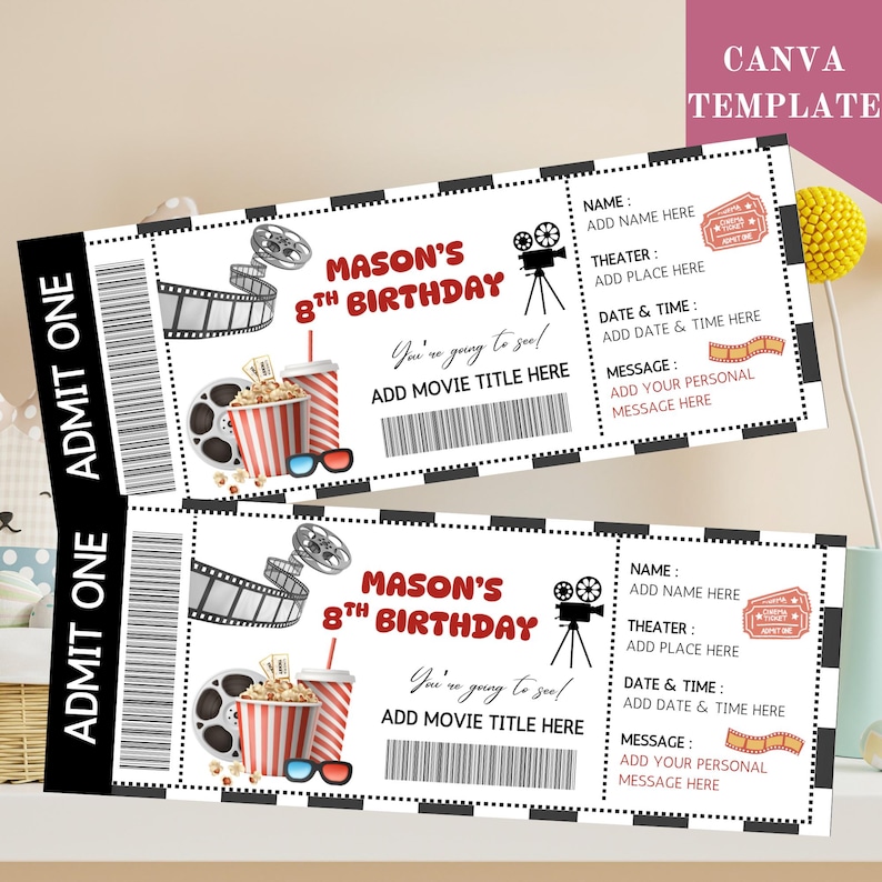 Editable Movie Ticket Birthday Invitation: Cinema Party, Any Age ...