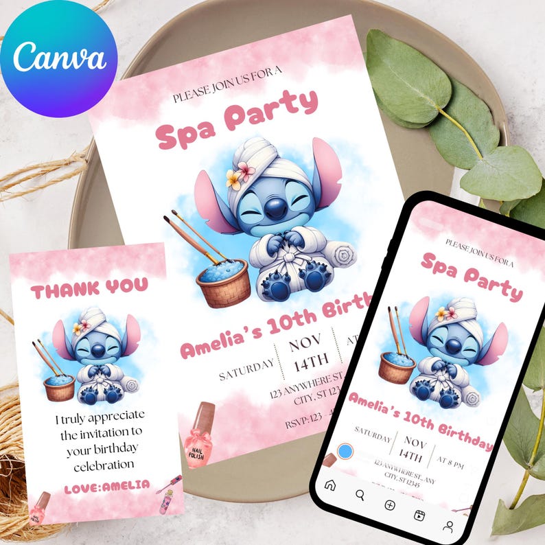 Stitch Sleepover Birthday Invitation: Pastel Spa Party (digital ...