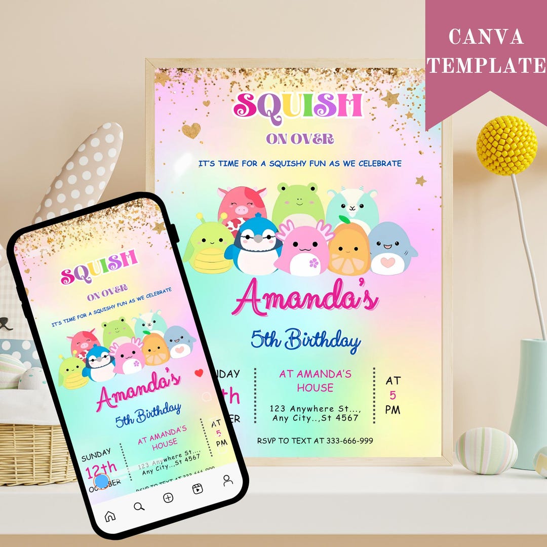 Squishmallow Birthday Invitation: Editable Canva Template (5x7, Digital ...