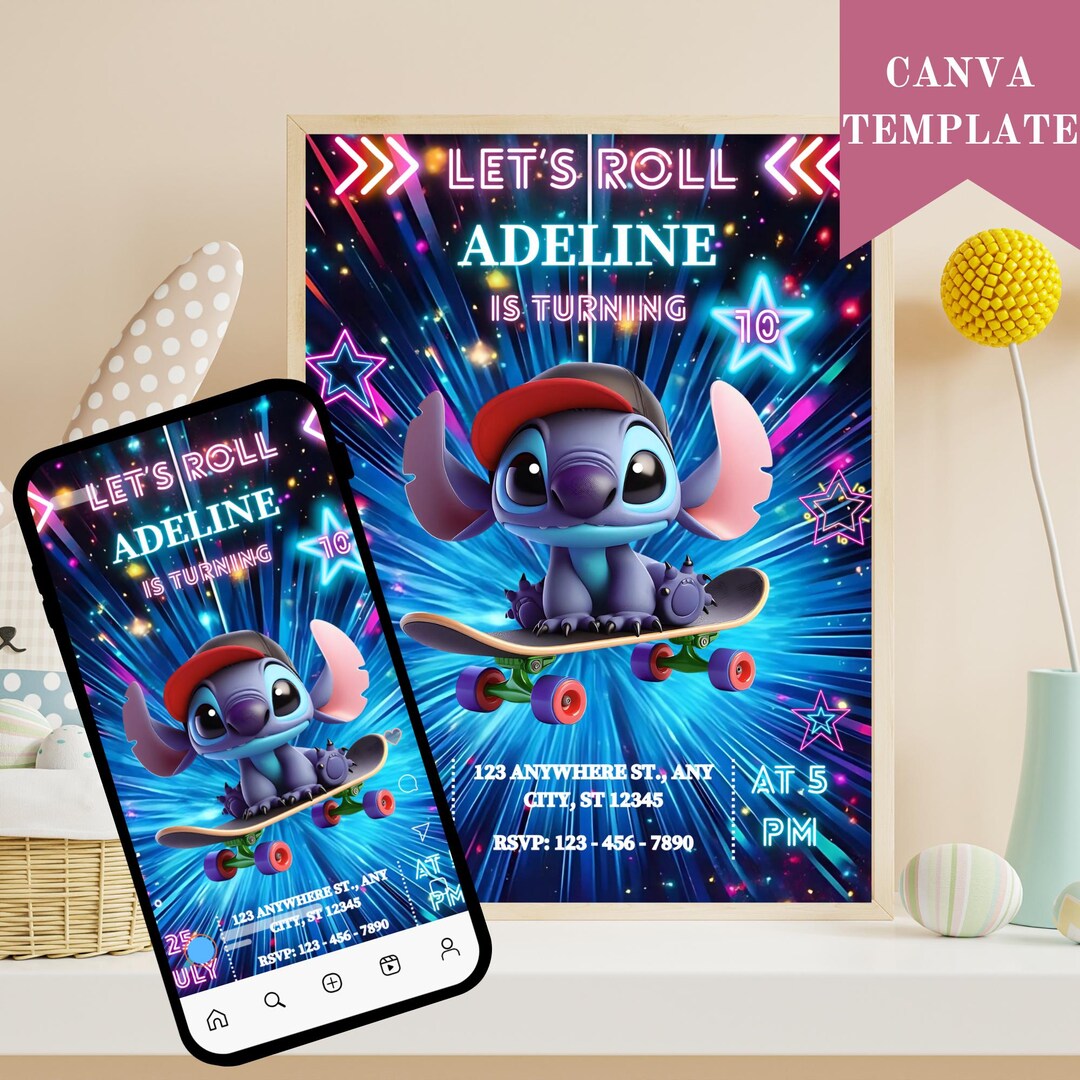 Stitch Roller Skating Birthday Invitation: Lilo & Angel Skate Party ...