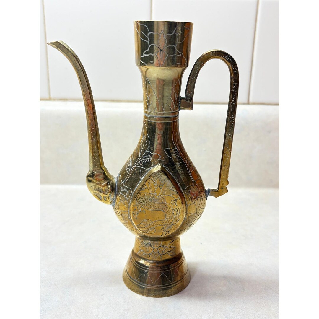 Vintage Etched Brass Ewer Pitcher Dragon Floral Design Decorative ...