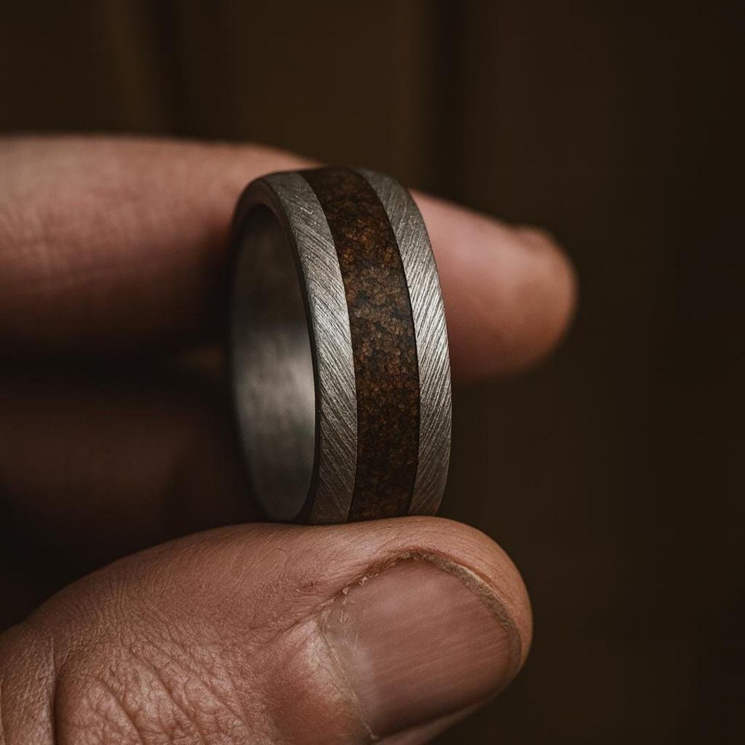 Damascus Steel Ring With Crushed T-rex Bone Inlay Dinosaur Fossil Men’s ...