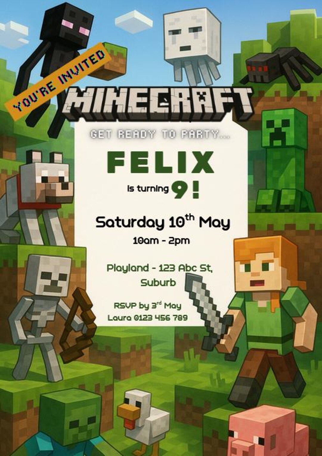 Buy Editable Minecraft Birthday Invitation – Canva Template – Kids ...