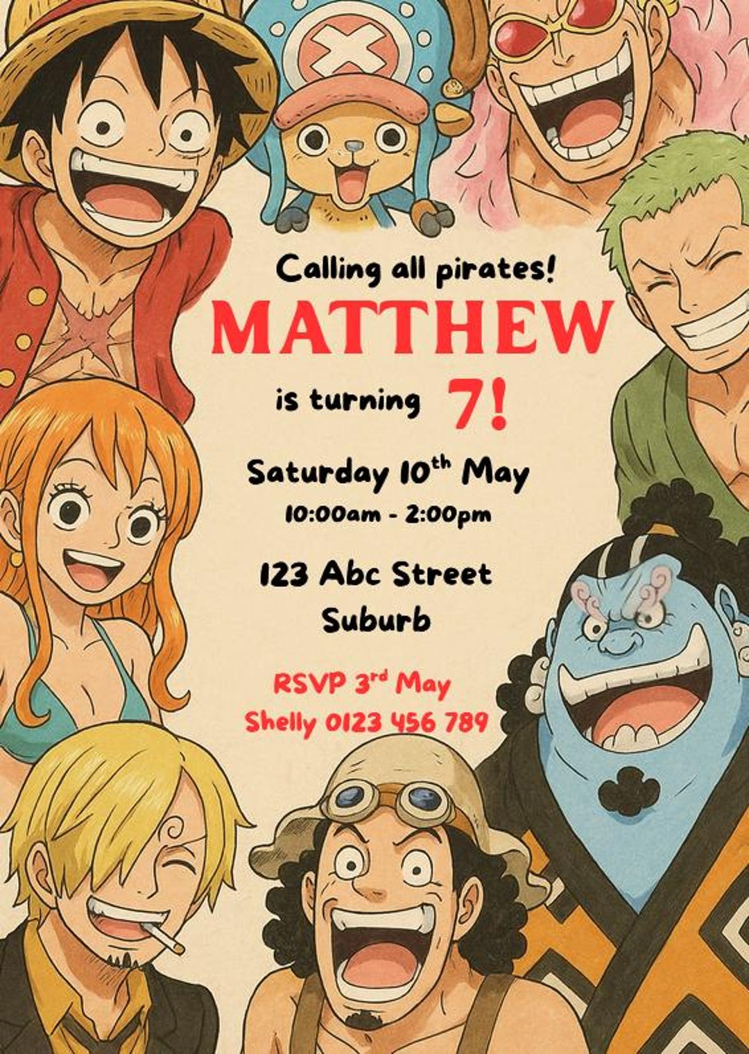 Plantilla de invitación de cumpleaños de One Piece - Invitación ...