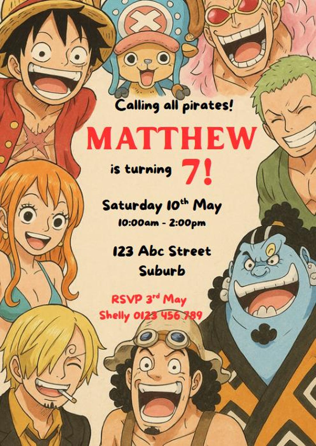 One Piece Birthday Invitation Template - Editable Kids Pirate Party ...