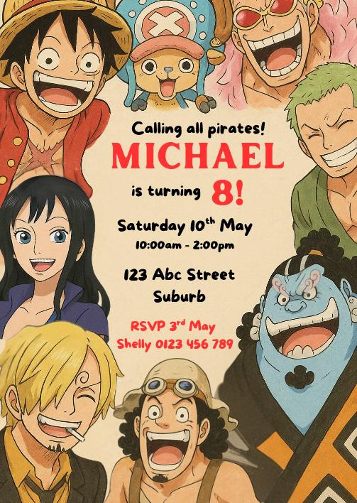 One Piece Birthday Invitation Template - Editable Kids Pirate Party ...