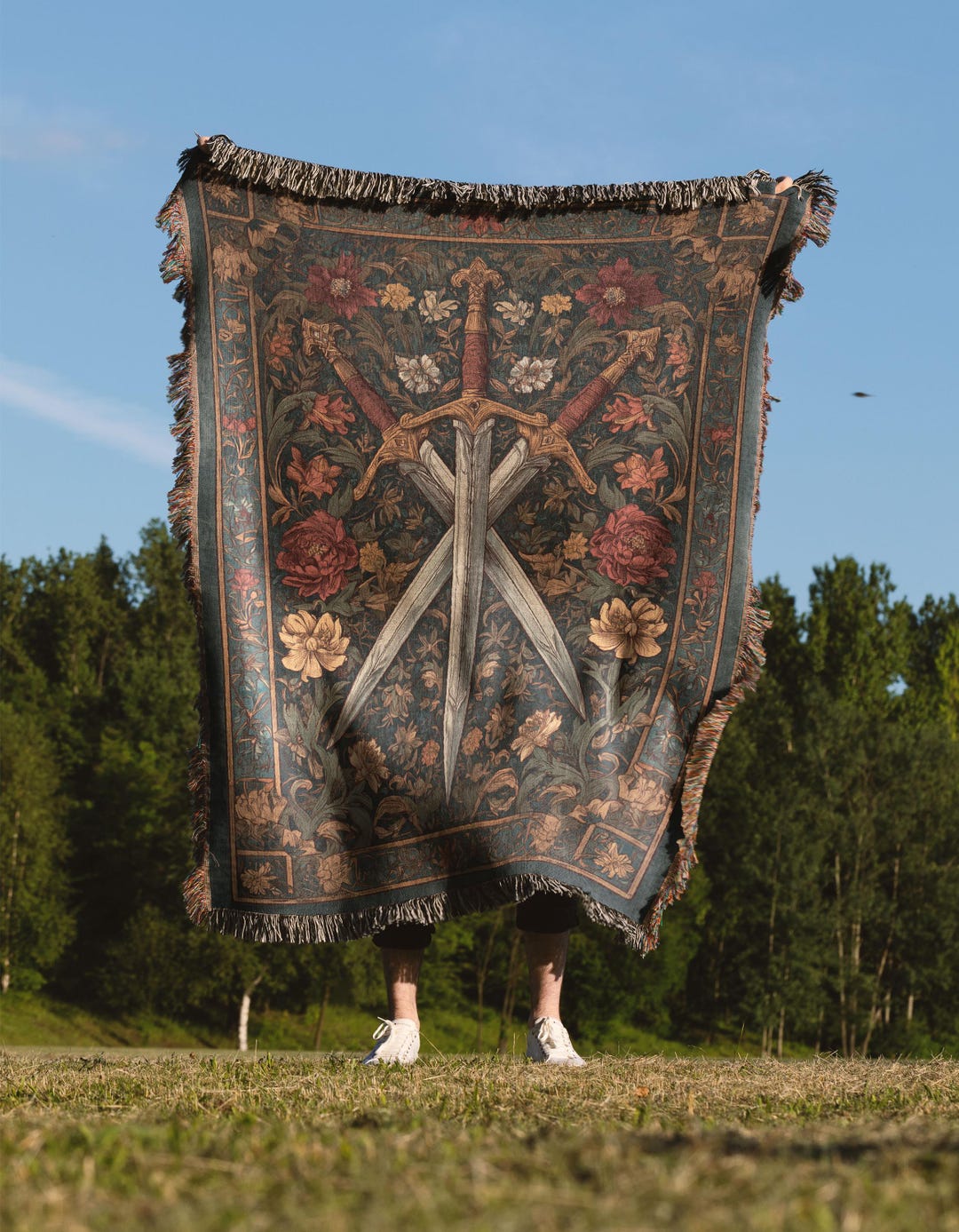 Fantasy Medieval Sword 100% Cotton Woven Blanket, Gothic Floral ...