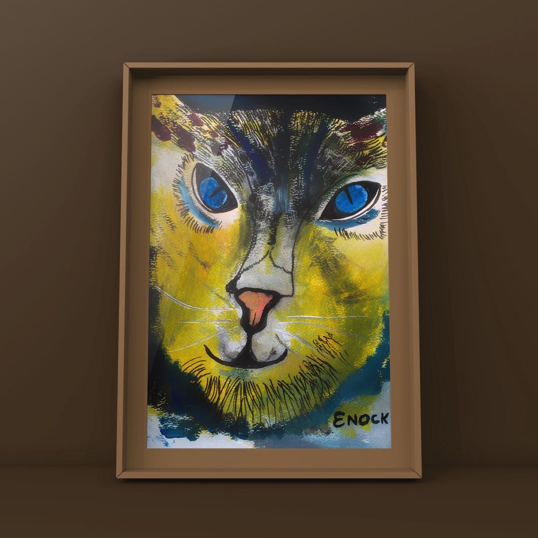 Colorful Cat Painting With Blue Eyes – Original Animal Artwork by Enock ...