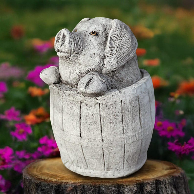 Piglet in Barrel Statue Funny Pig Sculpture Farm Animal Decor Cement ...