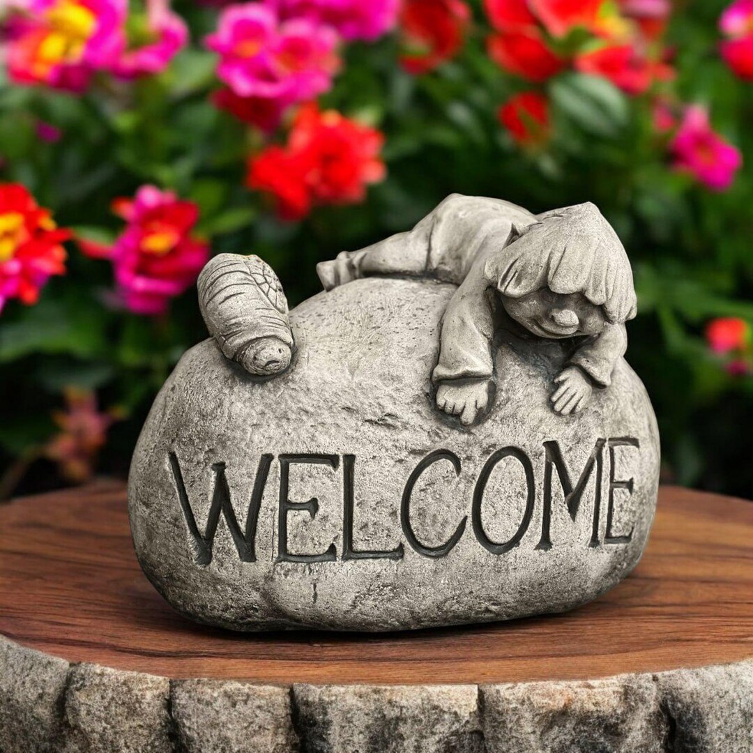 Concrete Welcome Stone Statue With Boy and Snail Garden Ornament Cement ...