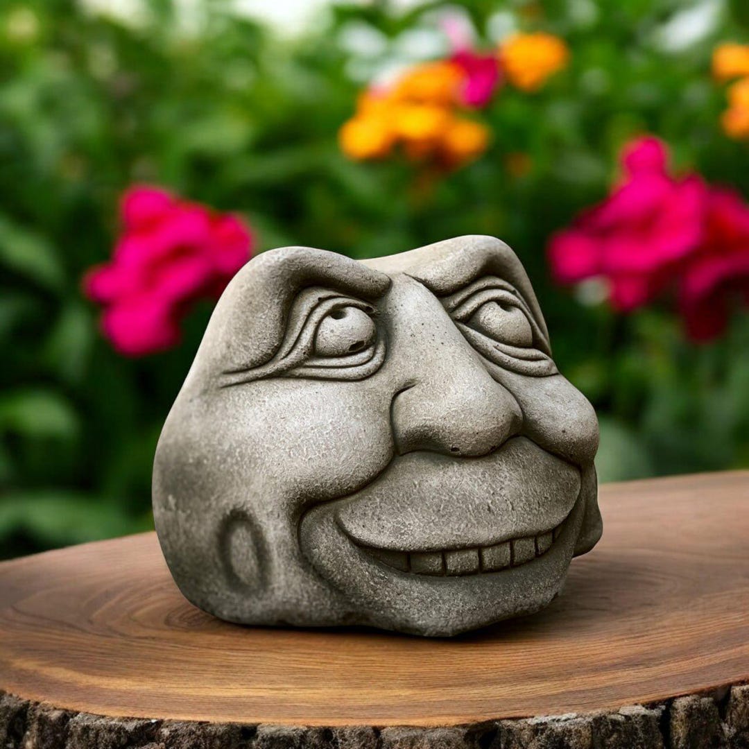 Concrete Smiling Face Statue Stone Whimsical Garden Sculpture Outdoor ...