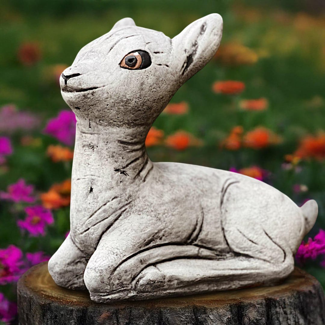 Stone Fawn Statue Concrete Baby Deer Sculpture Garden Deer Ornament ...