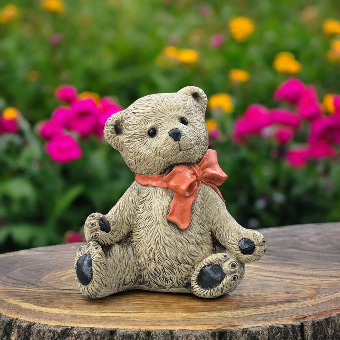 Concrete Teddy Bear Statue With Orange Bow Stone Plush Bear Figurine ...