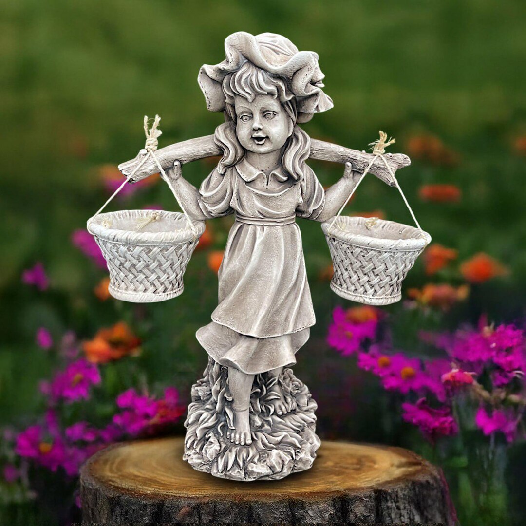 Larde Girl With Two Flower Pot Holders Statue Stone Girl Planter Stand ...